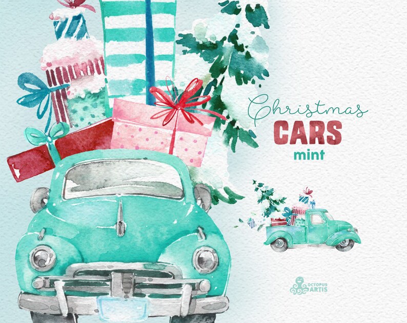 Christmas Cars Mint. Watercolor Holiday Clipart Vintage - Etsy