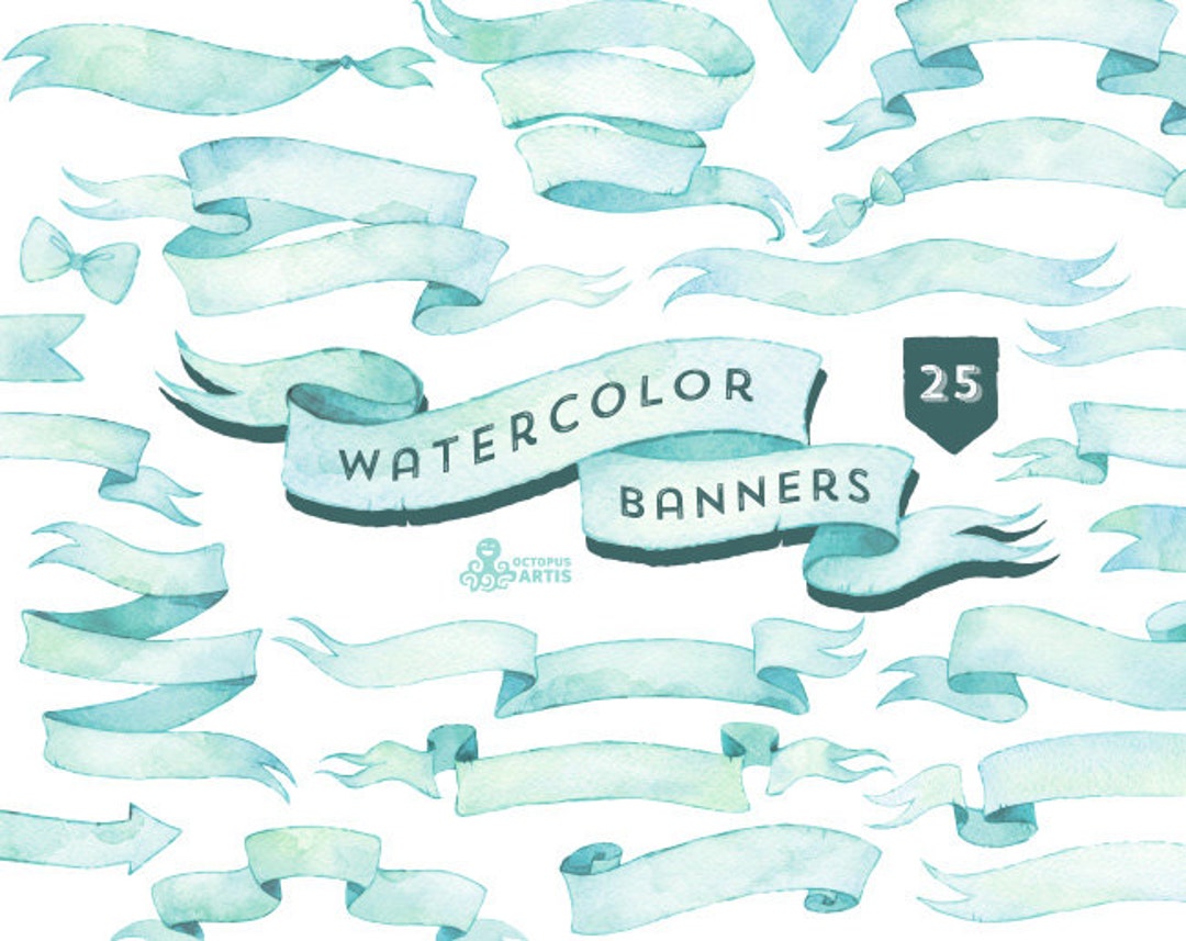 Watercolor Banners, Ribbons Clipart: 25 Digital Files. Light Mint Blue ...
