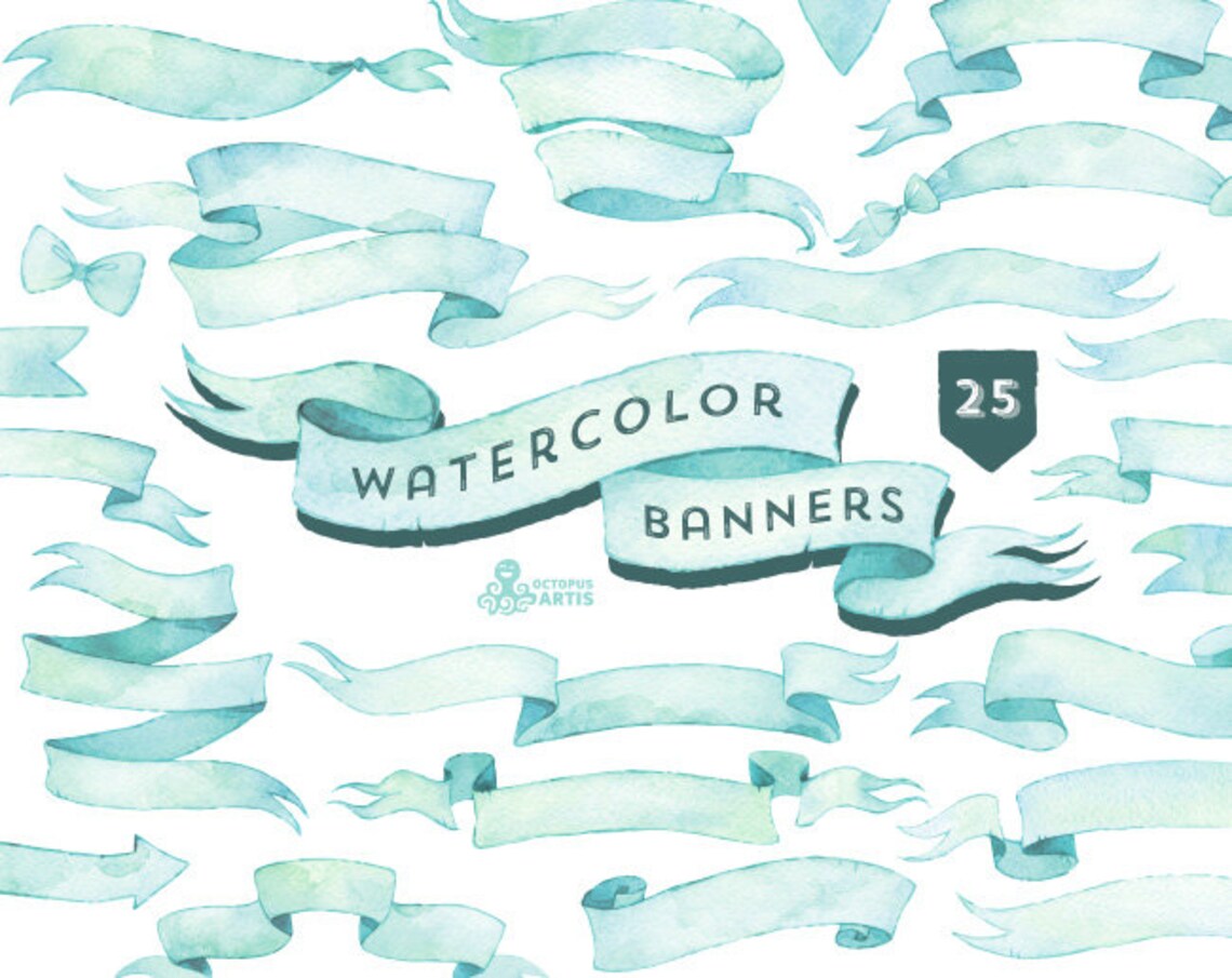 Watercolor Banners Ribbons Clipart: 25 Digital Files. Light | Etsy