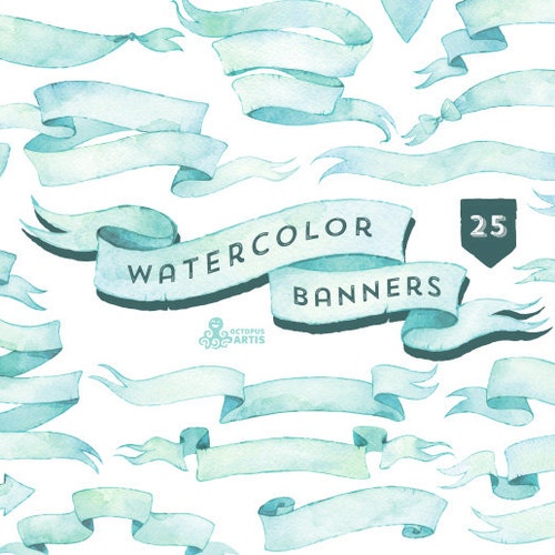 Watercolor Banners Ribbons Clipart: 25 Digital Files. Light - Etsy