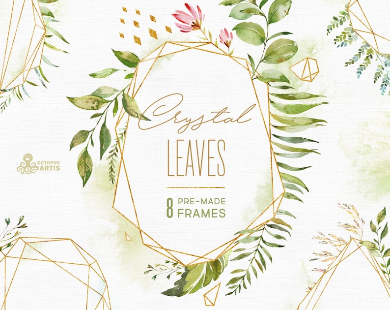 Crystal Leaves. Frames. Watercolor Floral & Polygonal Pre-made - Etsy