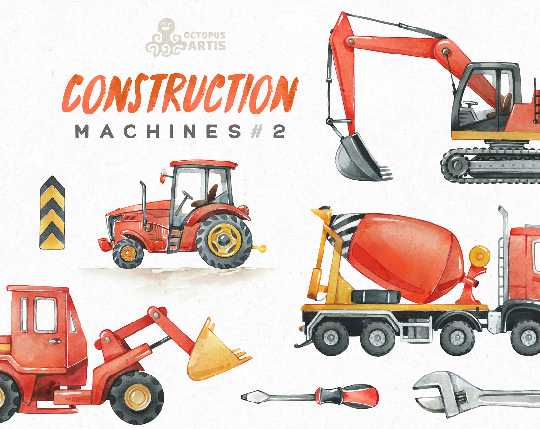 Construction Machines Red Pt2. Watercolor Clipart Building - Etsy
