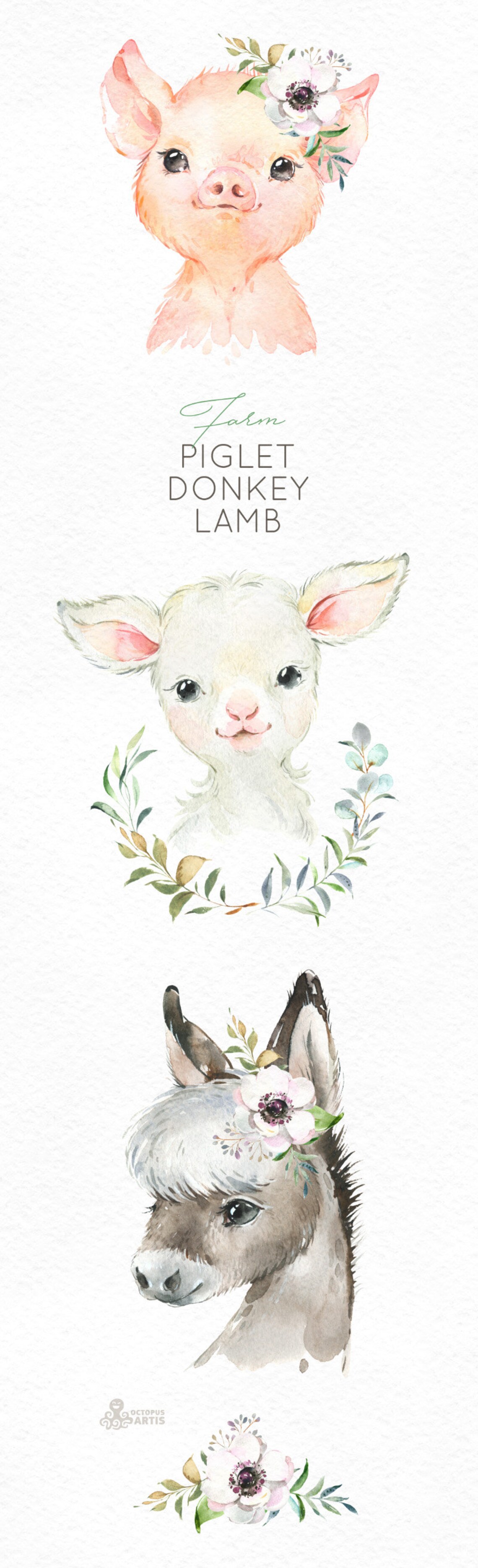 Farm Piglet Donkey Lamb. Watercolor Little Animals Clipart - Etsy