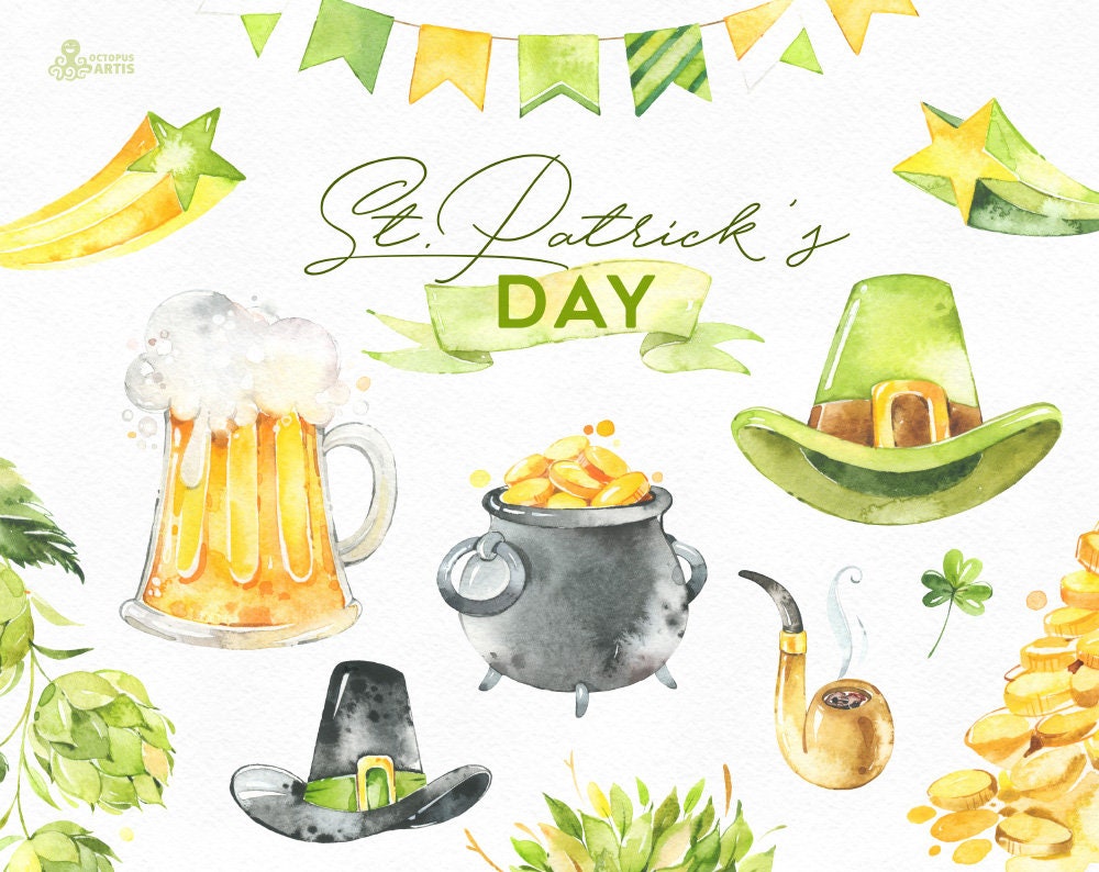 St. Patrick's Day. Watercolor Clipart Irish Green - Etsy