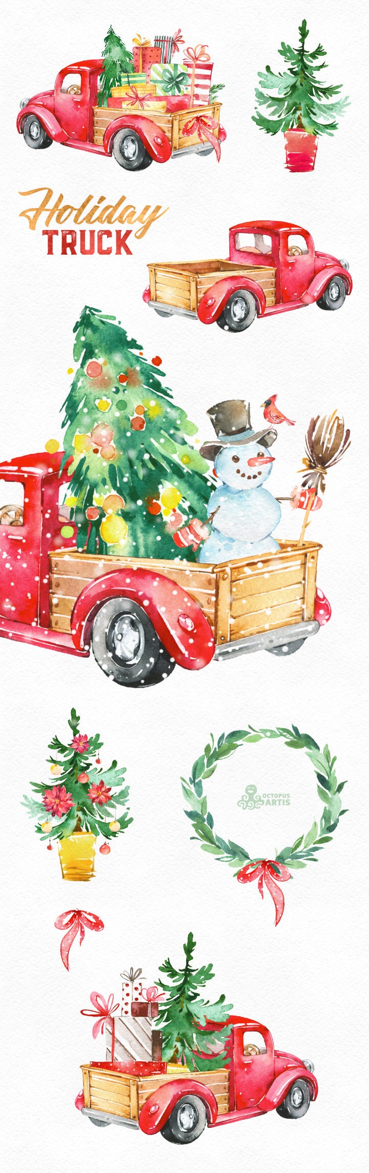 Holiday Truck. Watercolor Christmas Clipart Vintage Retro - Etsy