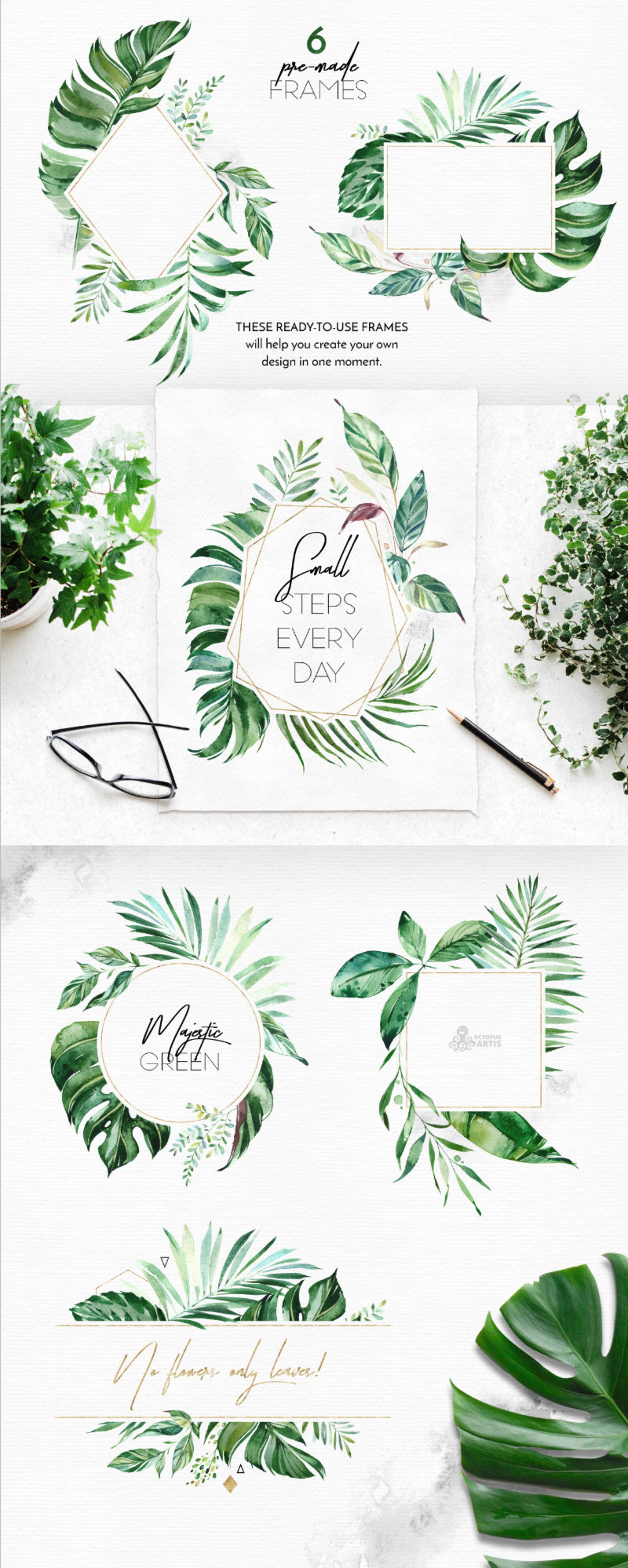 Majestic Green. Frames 5. Watercolor Florals and Golden - Etsy