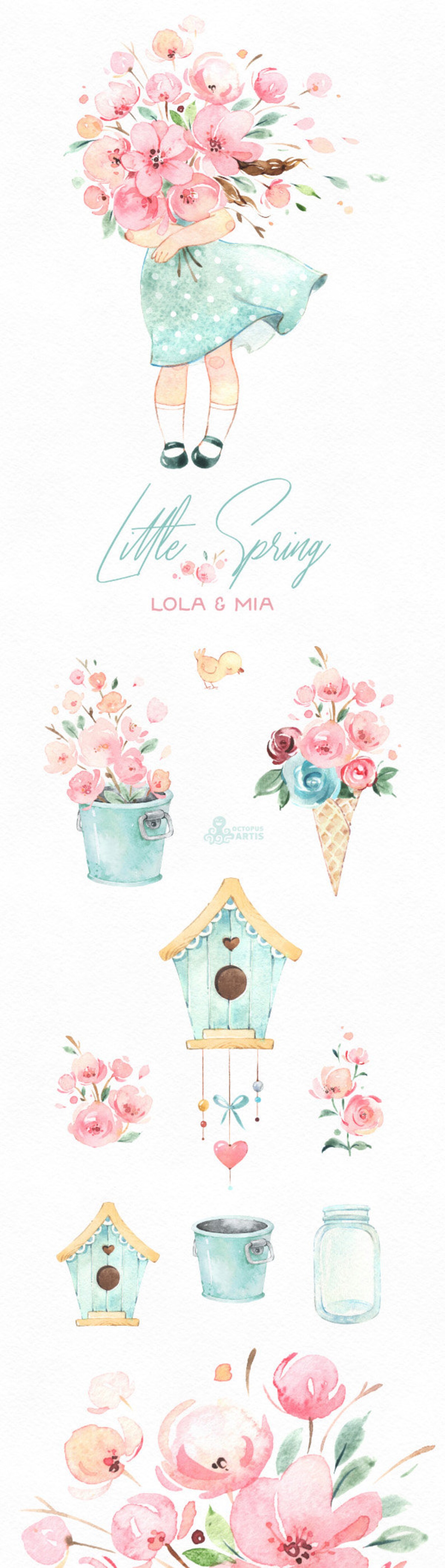Little Spring. Lola & Mia. Watercolor Clipart Girls Bestie | Etsy Canada