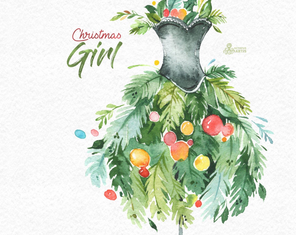Christmas Girl. Watercolor Holiday Clipart Lady Vintage - Etsy