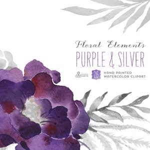 Purple & Silver: 26 Floral Elements. Digital Clipart. Hand Painted ...