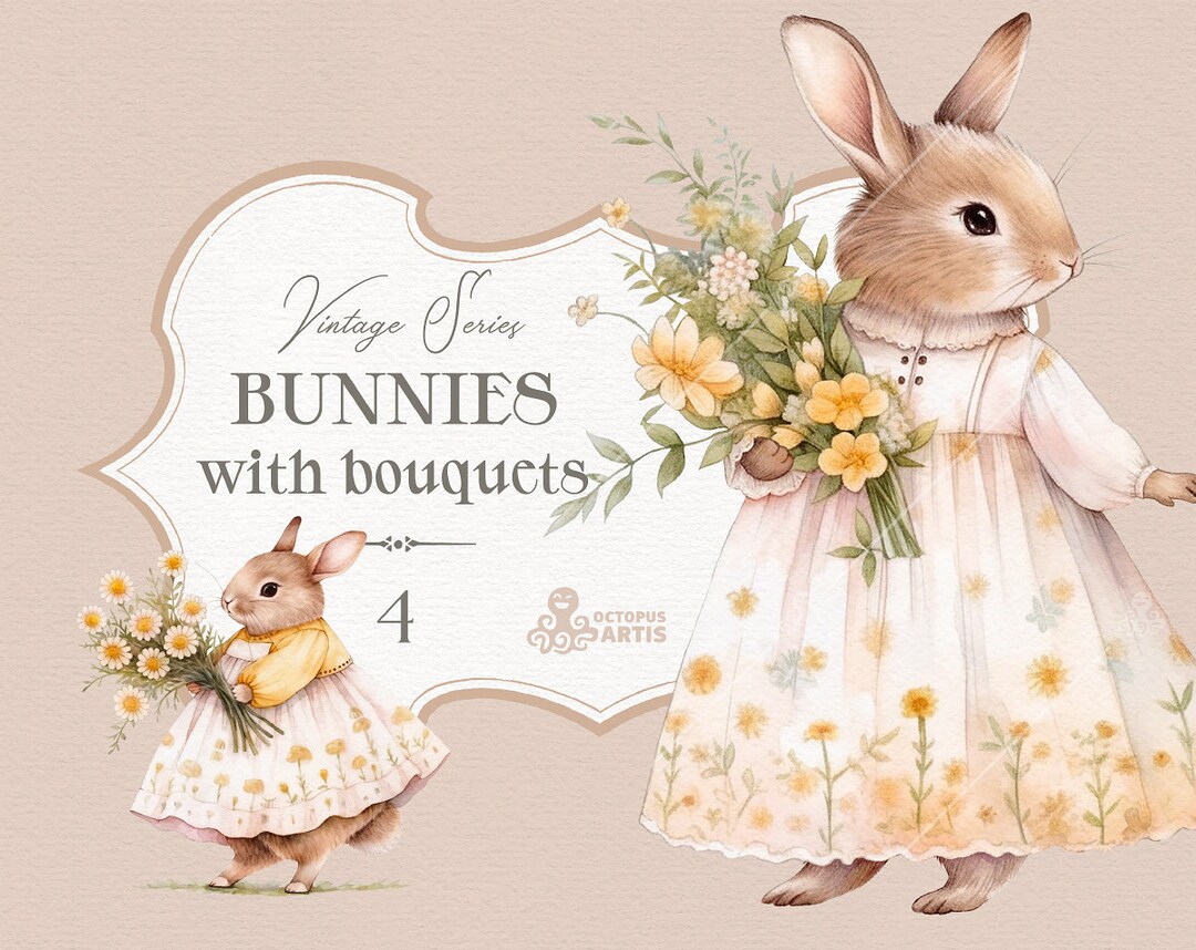 Bunnies With Bouquets Vintage. Animal Clipart, Spring Easter, Rabbit ...