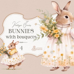 Bunnies With Bouquets Vintage. Animal Clipart, Spring Easter, Rabbit ...