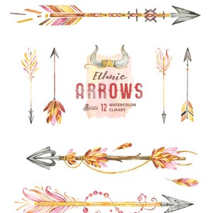 Ethnic Arrows. 12 Watercolor Hand Painted Clipart Elements, Feathers ...
