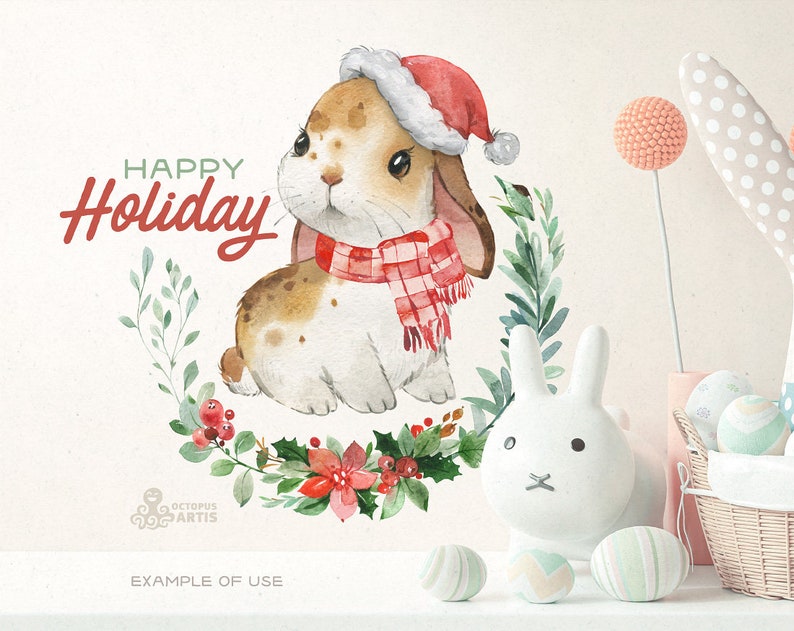 Christmas Rabbits. Watercolor Little Animals and Floral - Etsy