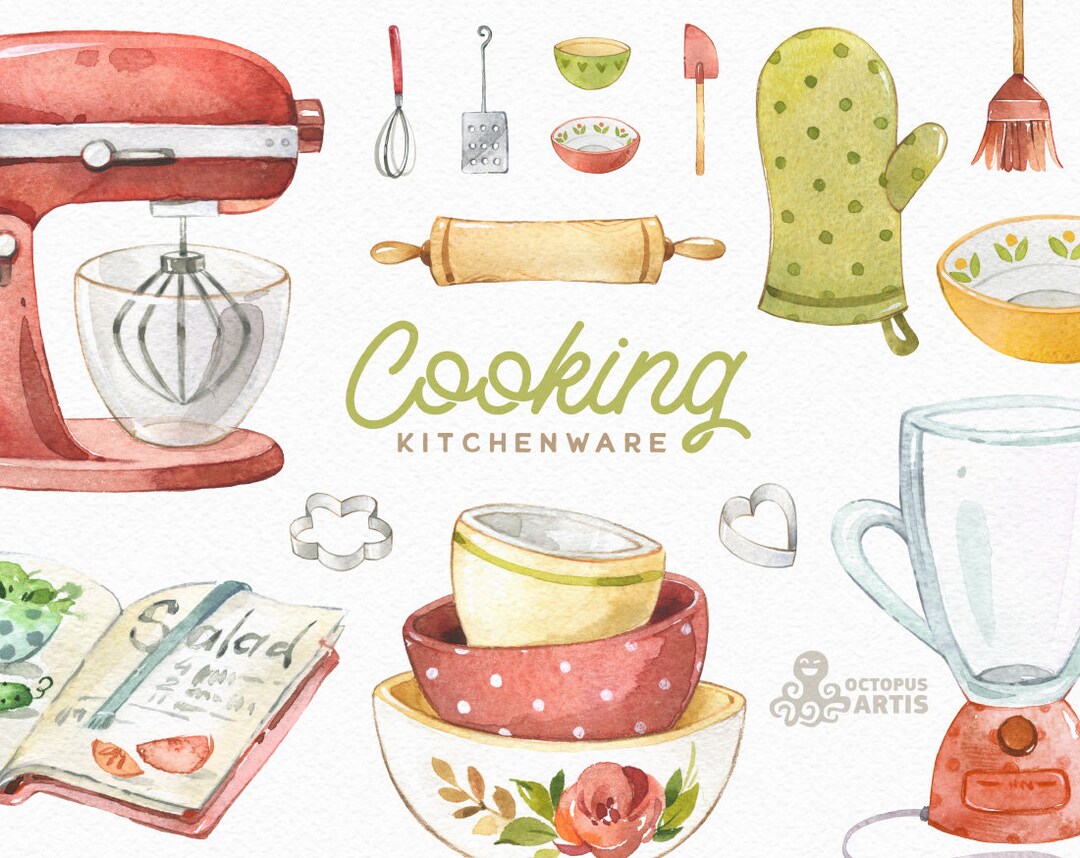 Cooking. Kitchenware. Watercolor Clipart, Plates, Cookware, Backing ...
