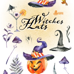 Witches Hats. Watercolor Halloween Clipart, Handpainted, Pumpkin ...