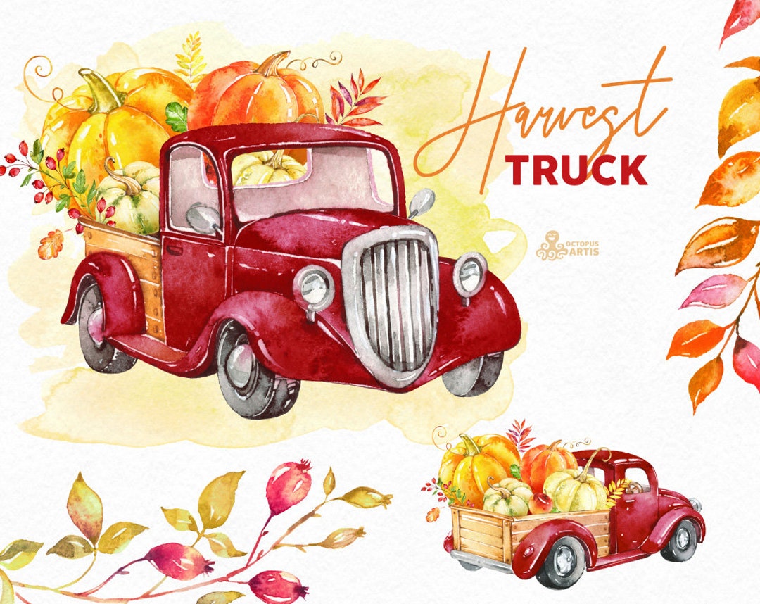 Harvest Truck. Watercolor Autumn Clipart, Pumpkins, Car, Vintage, Farm ...