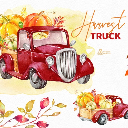 Harvest Truck. Watercolor Autumn Clipart Pumpkins Car - Etsy