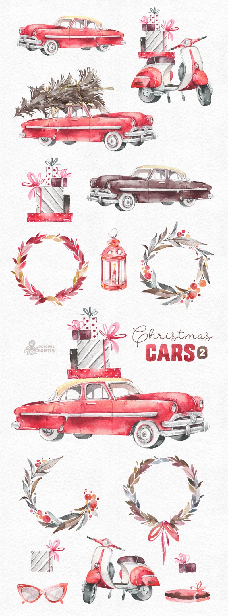 Christmas Cars 2. Watercolor Holiday Clipart Vintage - Etsy