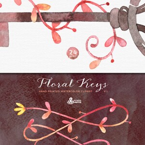 Floral Keys Watercolor V1: 24 Hand Painted Clipart, Keys, Arrows ...