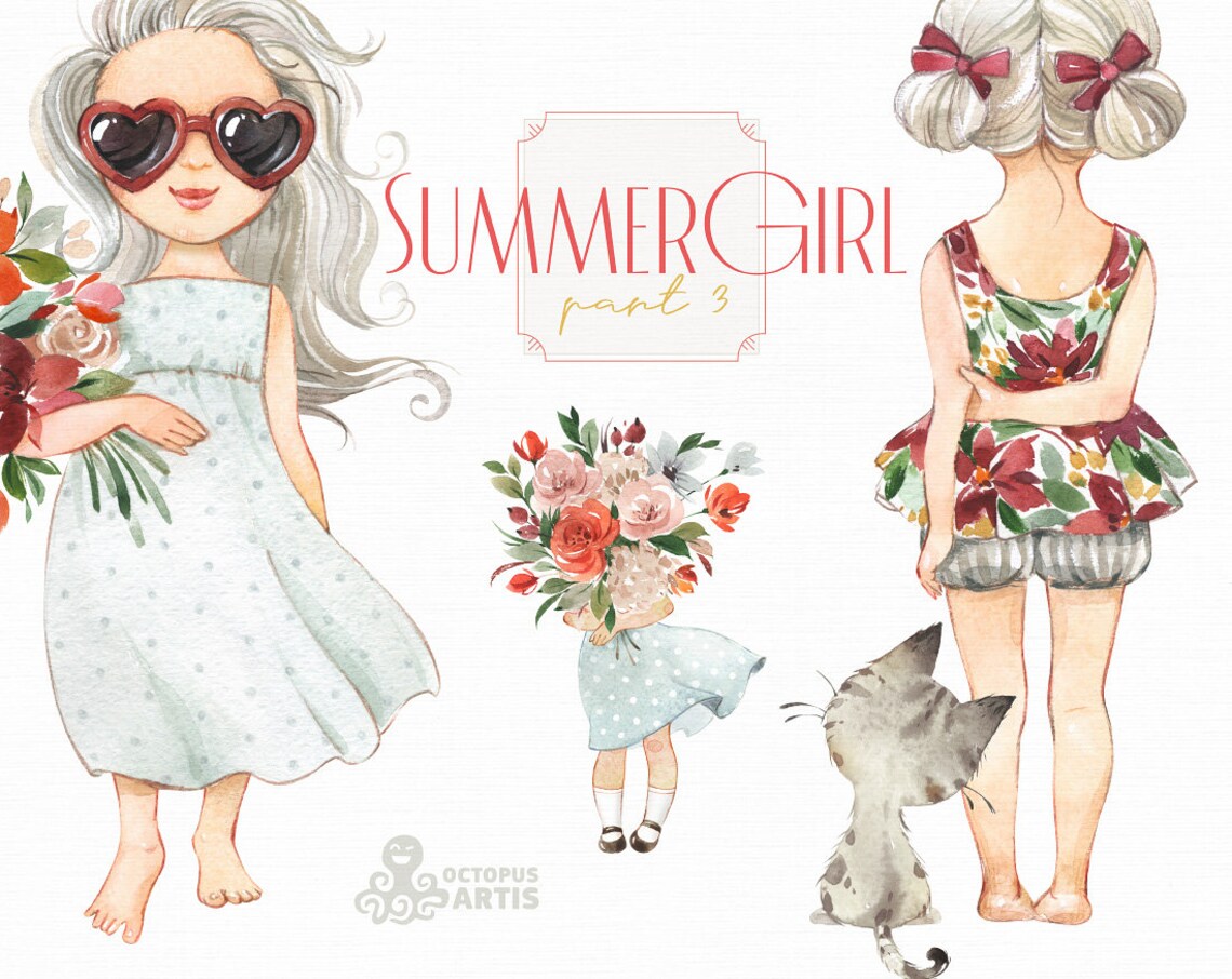 Summer Girl Pt.3. Watercolor Clipart Little Girl Cat - Etsy