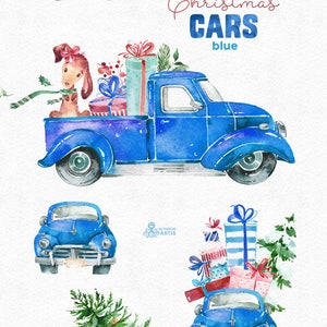 Christmas Cars Blue. Watercolor Holiday Clipart, Vintage, Retro Truck ...