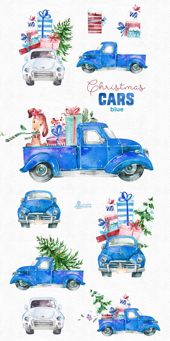 Christmas Cars Blue. Watercolor Holiday Clipart Vintage | Etsy