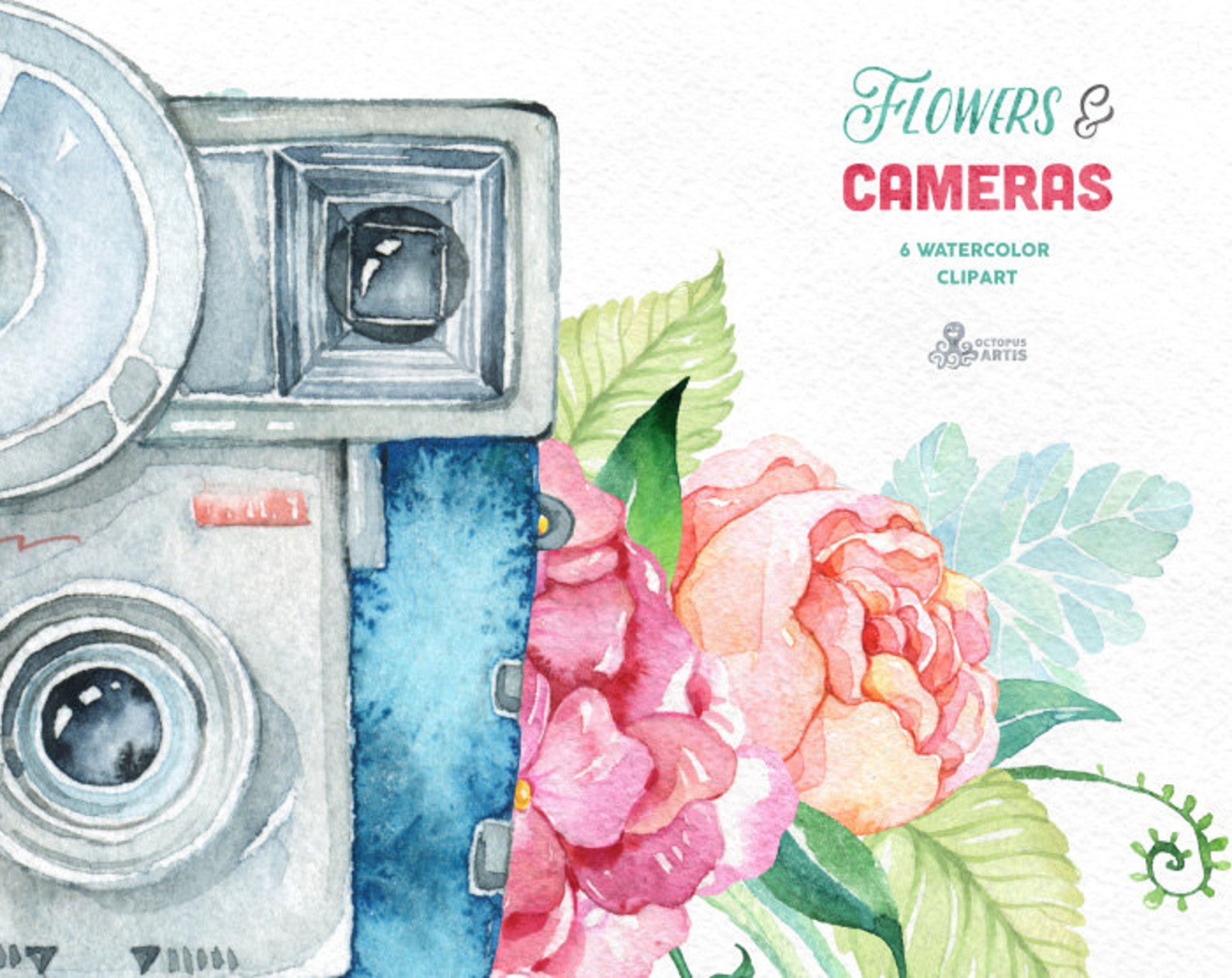 Flowers & Cameras. 6 Handpainted Clipart Invitation - Etsy