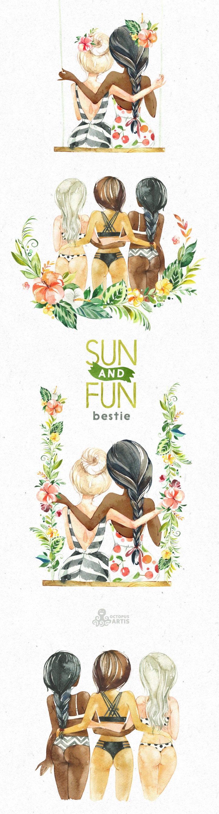 Sun&fun. Bestie. Watercolor Summer Clipart Best Girlfriends - Etsy
