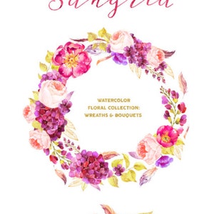 Sangria. Burgundy and Gold Floral Wreaths and Bouquets, Watercolor Hand ...