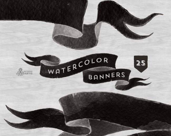 Watercolor Banners Ribbons Clipart: 25 Digital Files. Black | Etsy