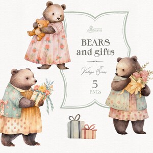 Bears With Gifts Vintage. Animal Clipart Woodland - Etsy