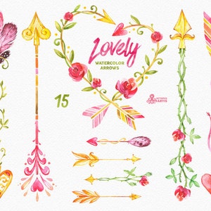 Lovely Watercolor Arrows Clipart. 15 Hand Painted Elements, Wreath ...