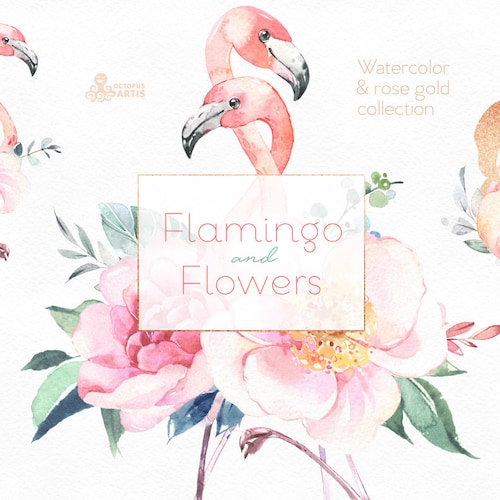 Flamingo Clipart Watercolor Tropical Pink Flowers and Leaves - Etsy