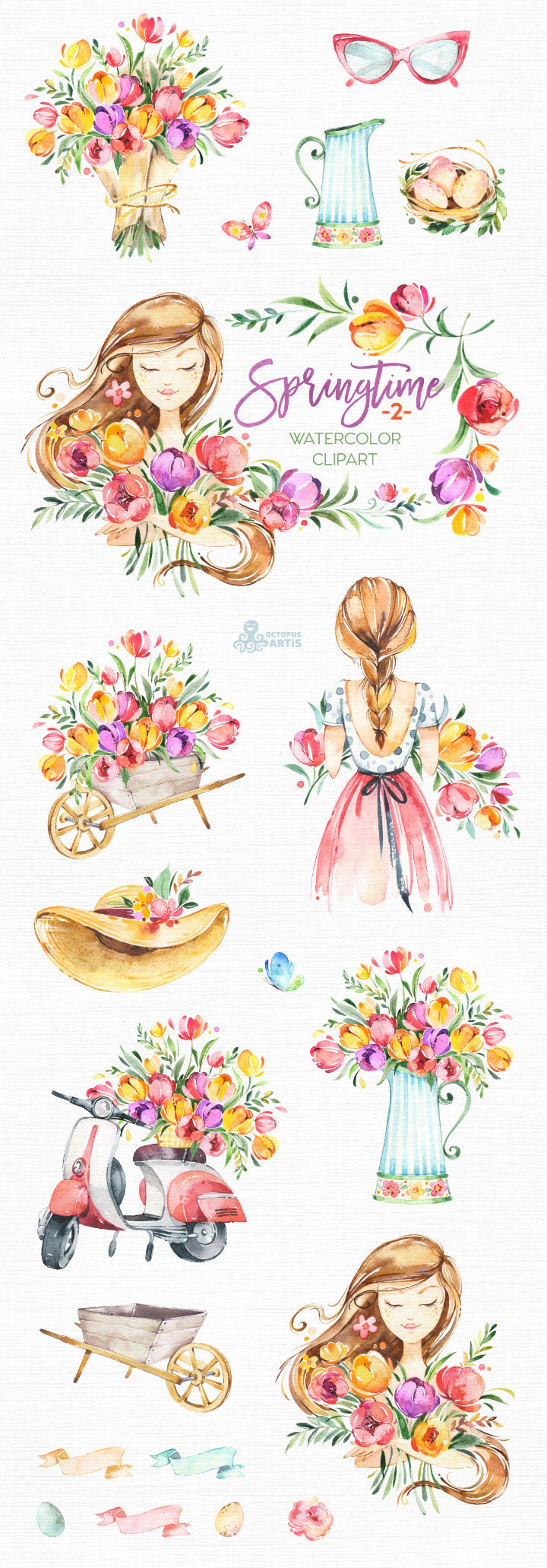 Springtime 2. Watercolor Floral Clipart Girls Tulips - Etsy