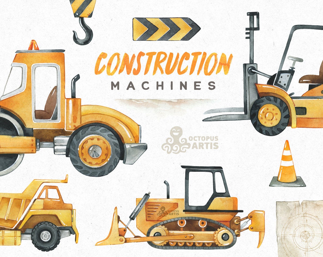 Construction Machines. Watercolor Clipart Building Forklift - Etsy