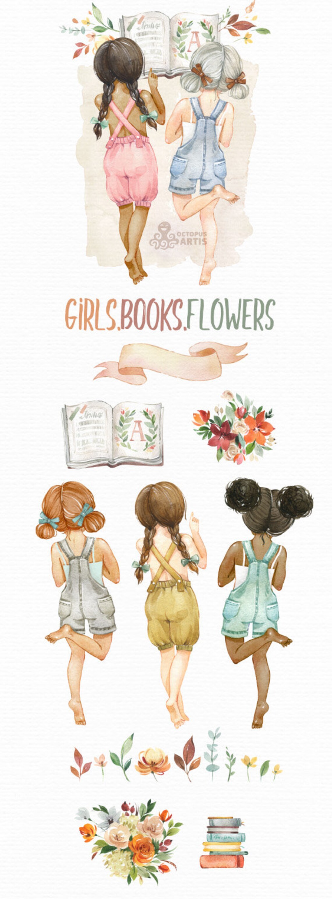 Girls. Books. Flowers. Watercolor Clipart Besties Little - Etsy