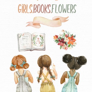 Girls. Books. Flowers. Watercolor Clipart, Besties, Little Girl, Floral ...