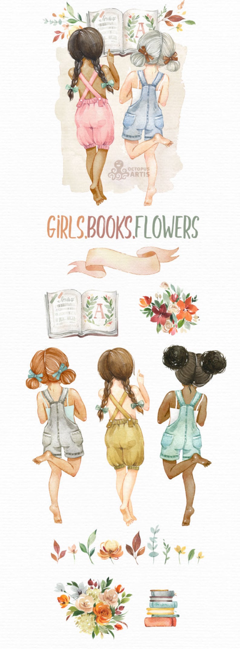 Girls. Books. Flowers. Watercolor Clipart Besties Little - Etsy