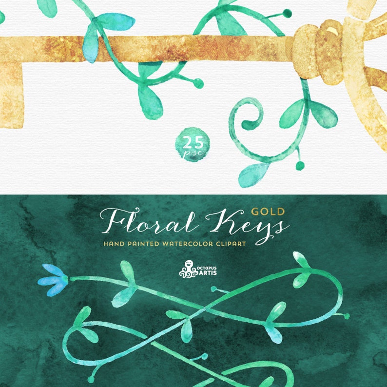 Floral Keys Gold & Mint. 25 Watercolor Clipart Arrows - Etsy