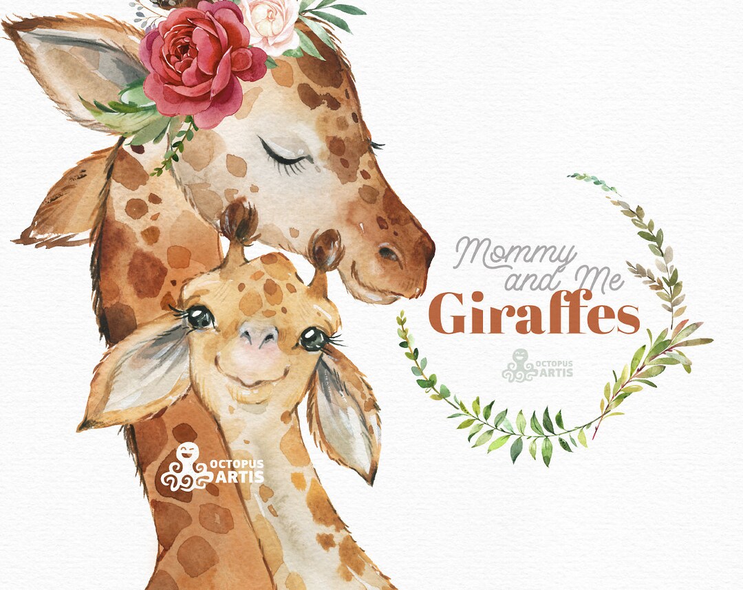 Giraffes. Mommy & Me. Watercolor Animals Clipart. African, Wreath ...