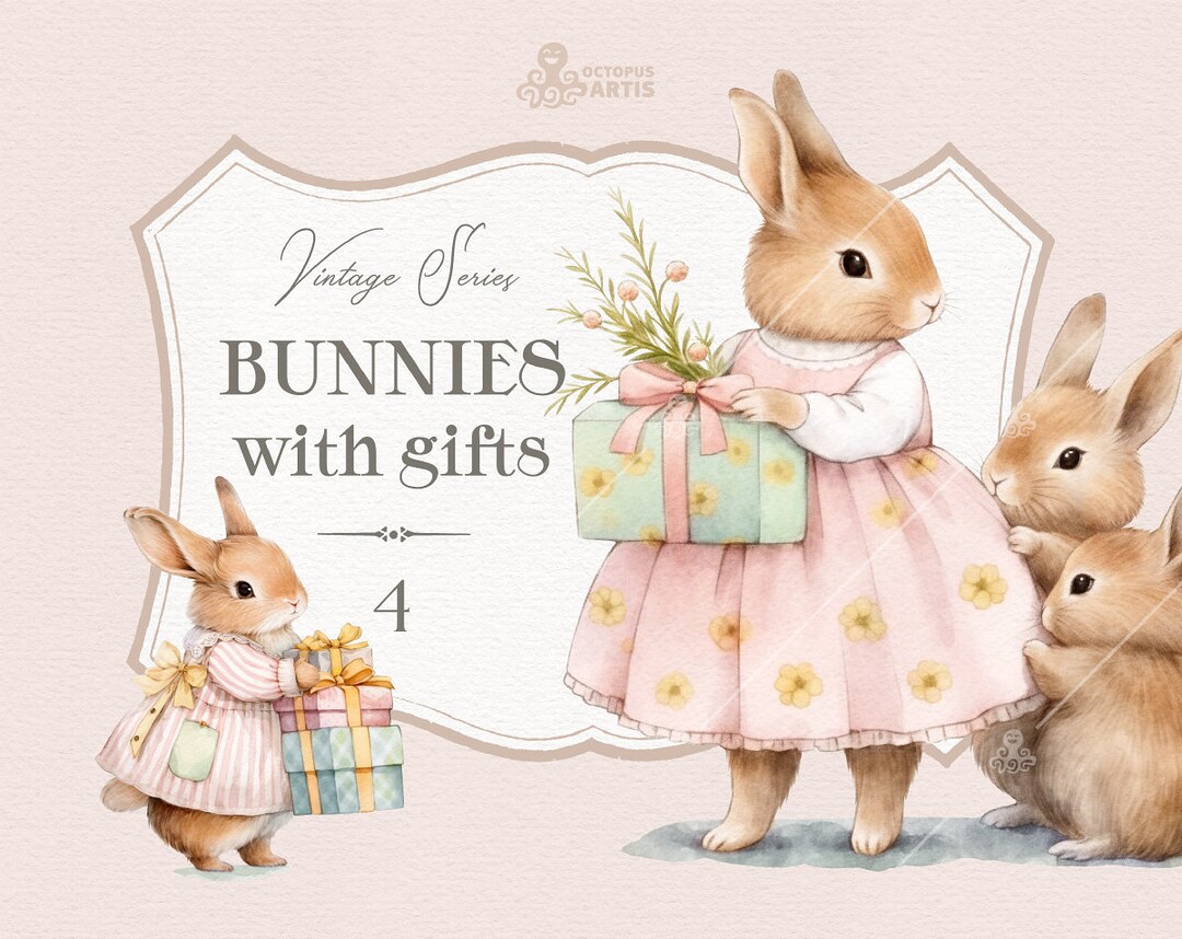 Bunnies With Gifts - Vintage. Animal Clipart, Spring, Easter, Rabbit ...