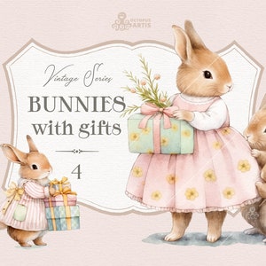 Bunnies With Gifts - Vintage. Animal Clipart, Spring, Easter, Rabbit ...