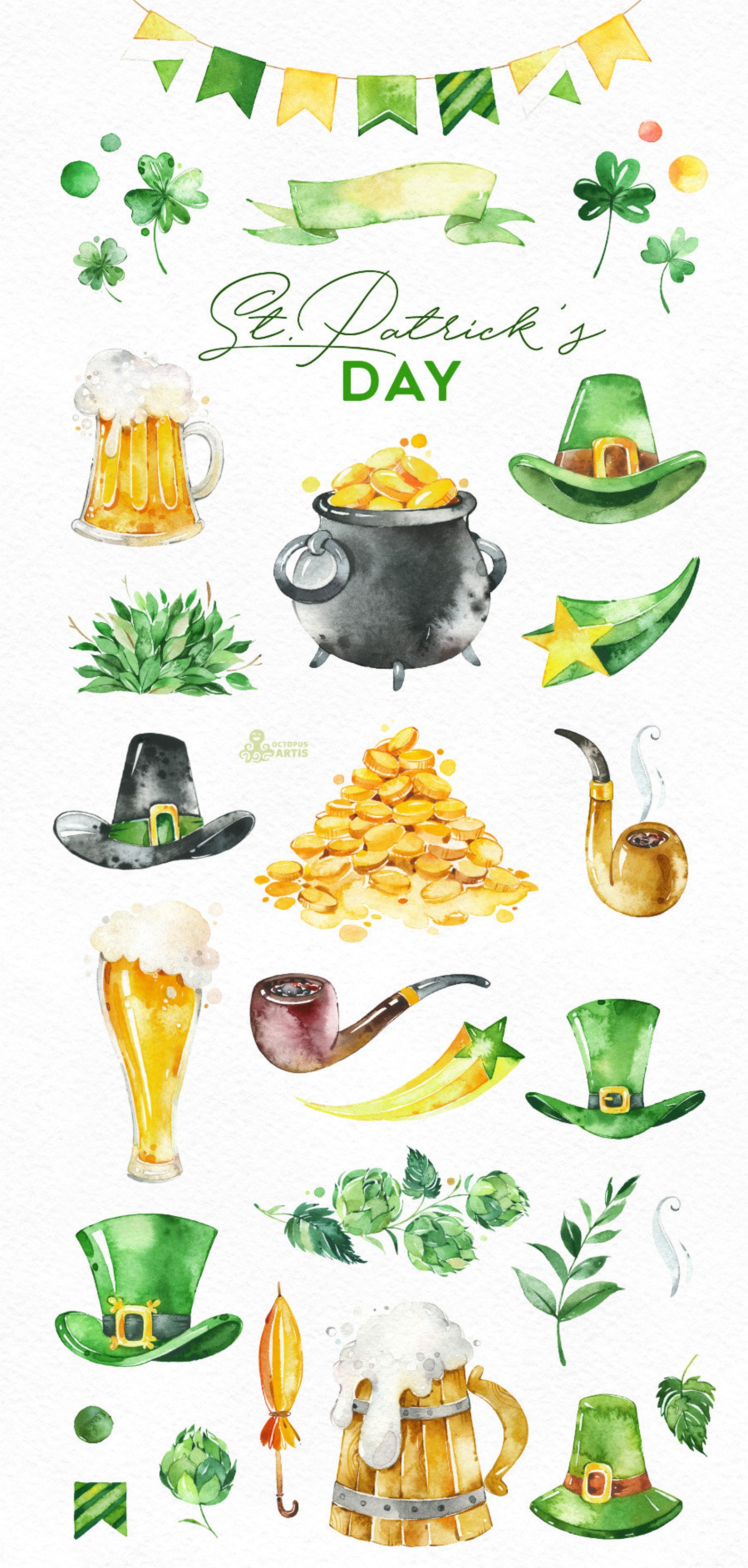 St. Patrick's Day Dark Green Watercolor Clipart Irish - Etsy