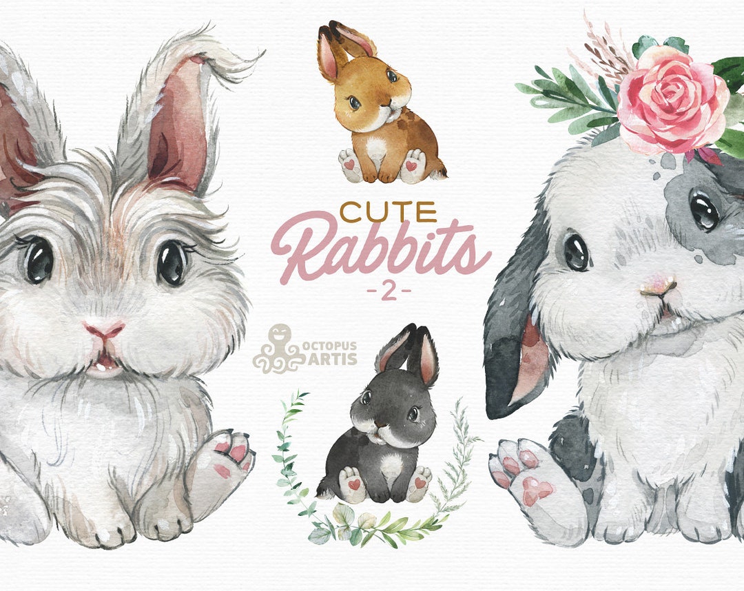 Cute Rabbits 2. Watercolor Little Animals and Floral Clipart, Spring ...