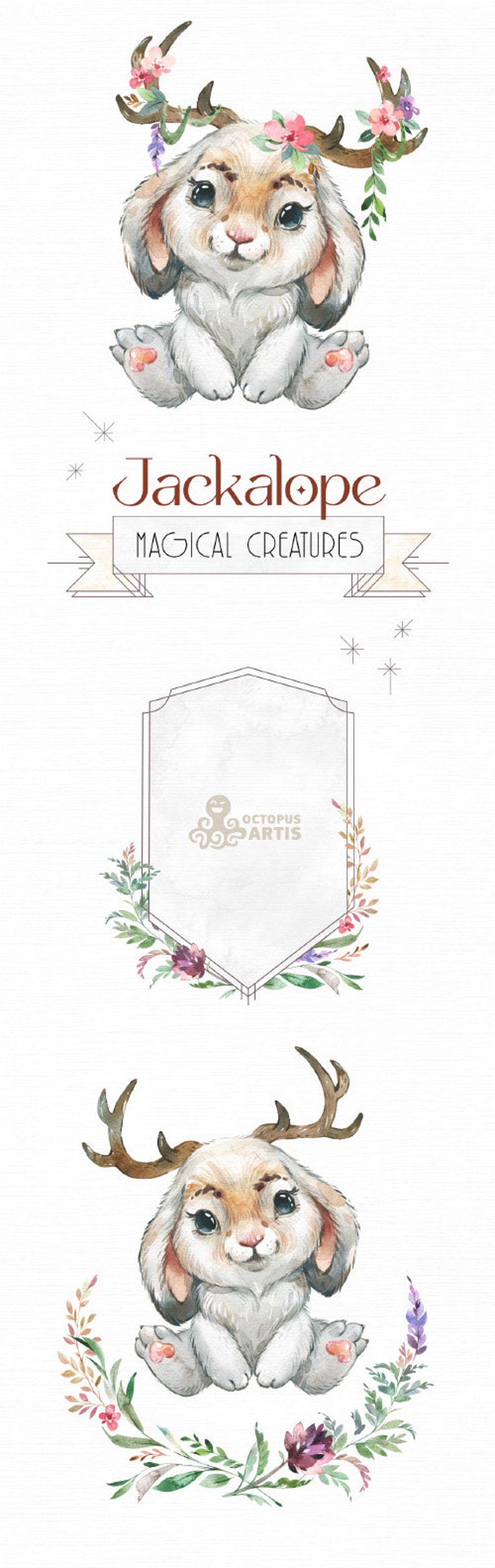 Jackalope. Watercolor Magical Creatures Clipart Rabbit - Etsy