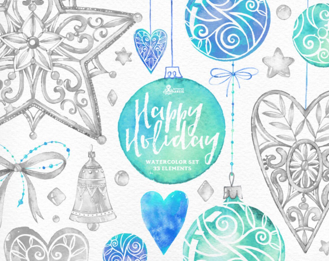 Happy Holiday Blue & Silver. 33 Watercolor Elements Hand - Etsy