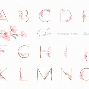Sakura Letters. Watercolor Floral Alphabet Clipart, Monogram, Rose Gold ...