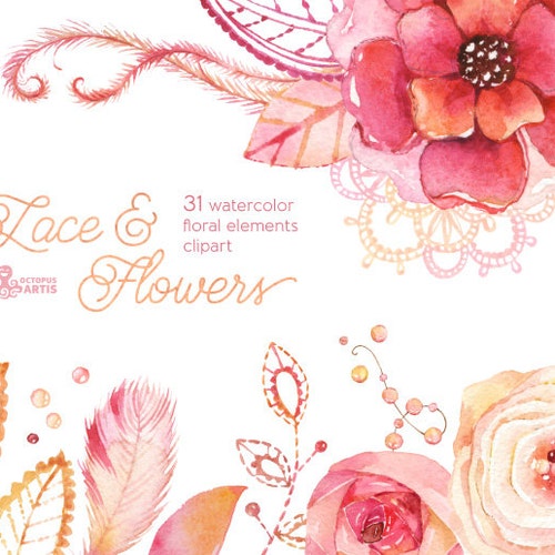 Lace & Flowers: Watercolor Floral DIY Elements. Hand Painted - Etsy