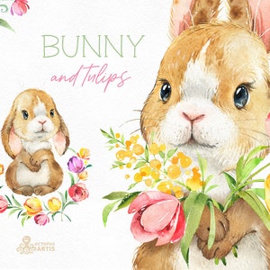 Bunny & Tulips. Watercolor Little Animals and Floral Clipart, Flowers ...