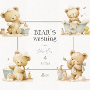 Bear's Washing Vintage. Animal Clipart, Woodland, Bath, Bear Cub, Cute ...